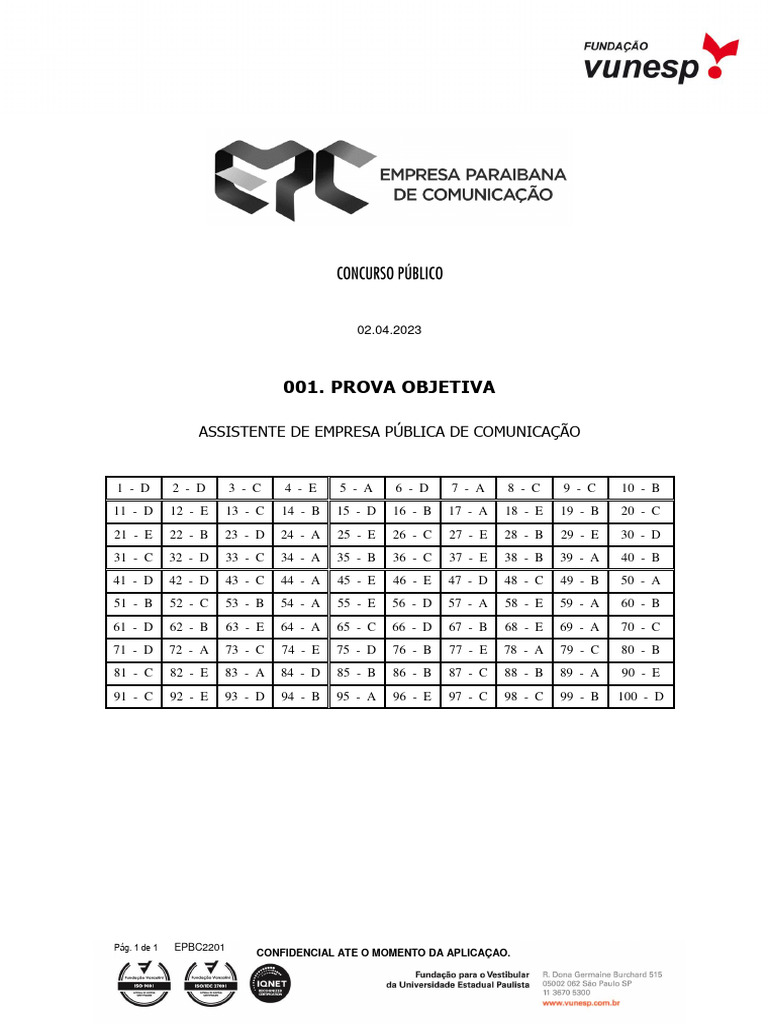 Vunesp 2023 Epc Assistente de Empresa Publica de Comunicacao Gabarito | PDF Vunesp 2023 Epc Assistente de Empresa Publica de Comunicacao Gabarito | PDF