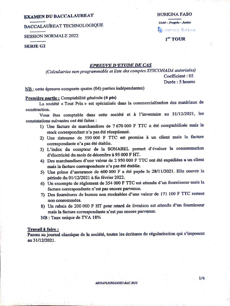 398 Bac2022 g2 Etude Cas1 | PDF