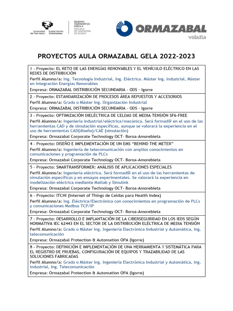 Aula Ormazabal - Propuesta de Proyectos | Descargar gratis PDF | Ingenieria Eléctrica | Ingeniería