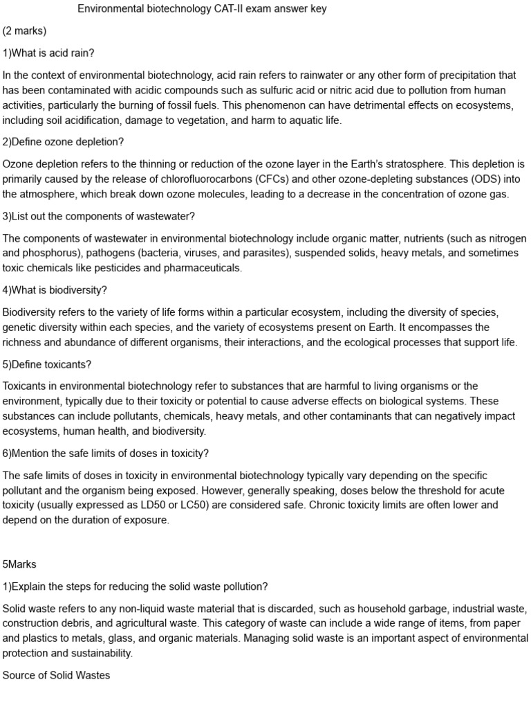 Environmental Biotechnology CAT-II Exam Answer Key | PDF | Sewage ...