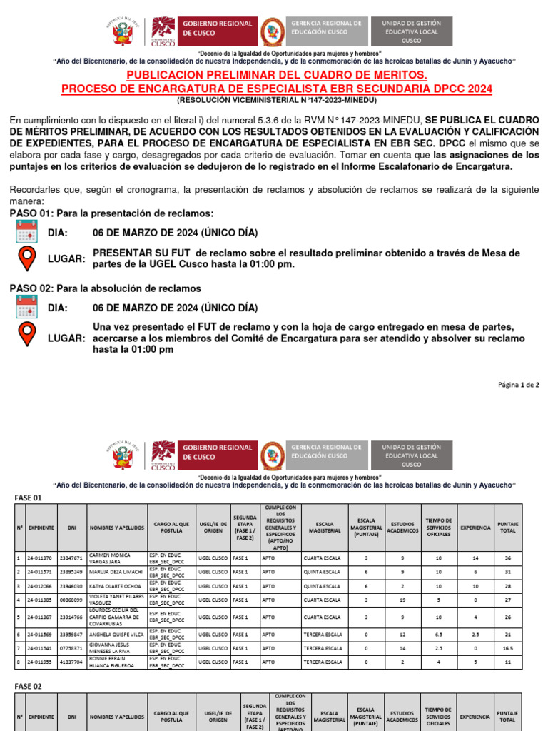 Resultados Preliminares CONV. N°10 ESPECIALISTA - CUADRO PRELIMINAR | PDF