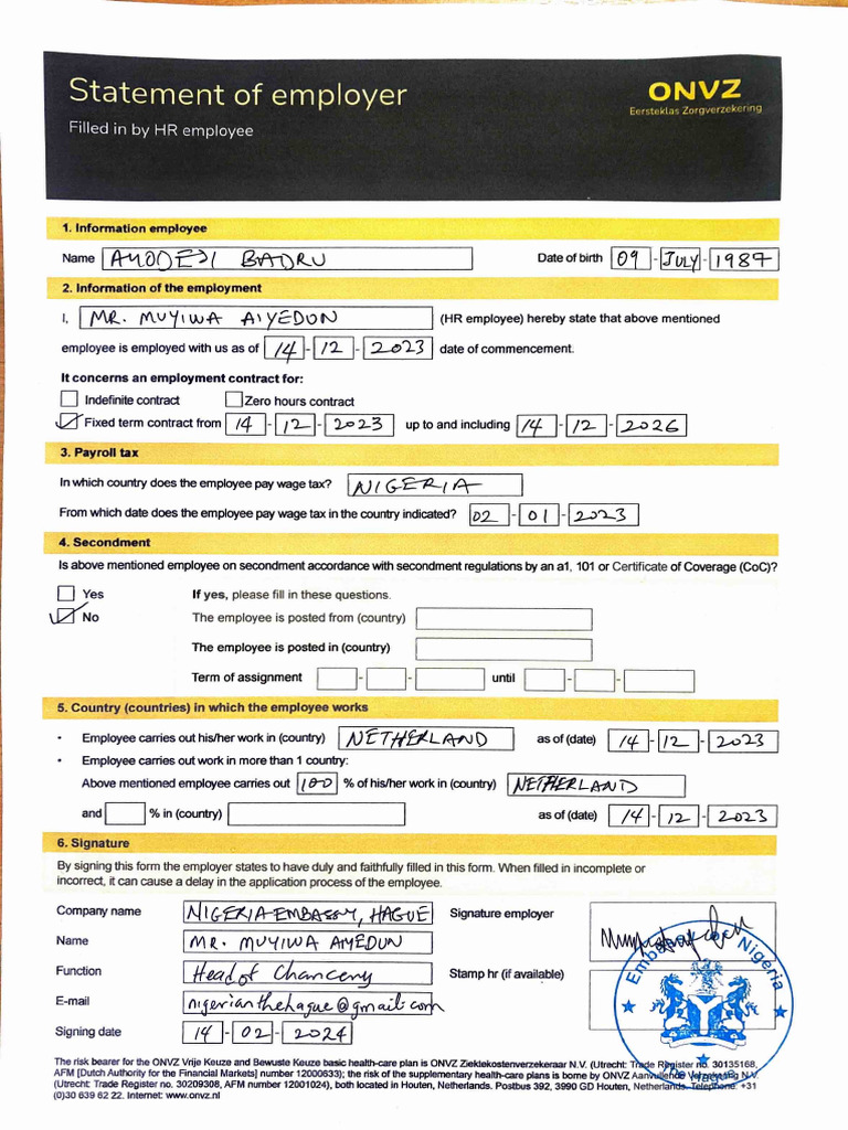 ONVZ Employer Form | Download Free PDF | Employment | Business