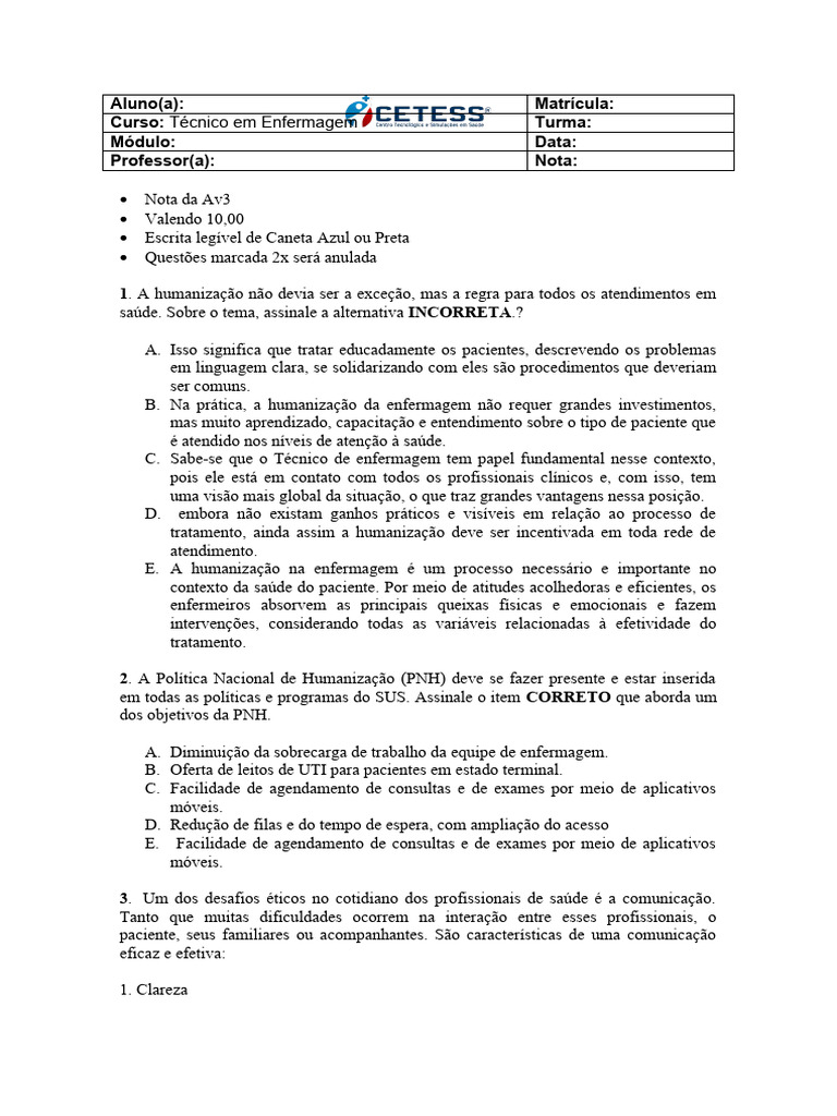 PROVA Psicologia Aplicada A Enfermagem | PDF | Enfermagem | Psicologia