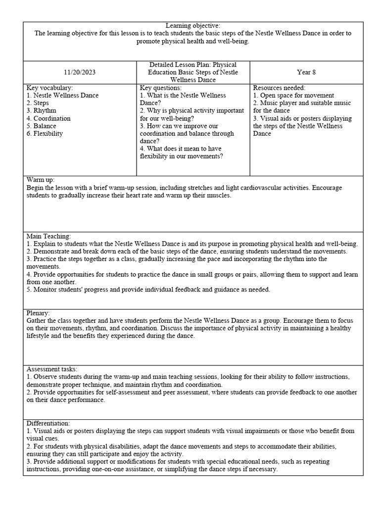 Year 8 Anything Lesson Plan Part 2 Sample | PDF | Dances | Learning