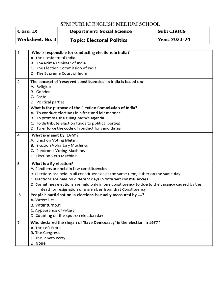 Class 9 Electoral Politics Worksheet | PDF | Elections | Voting