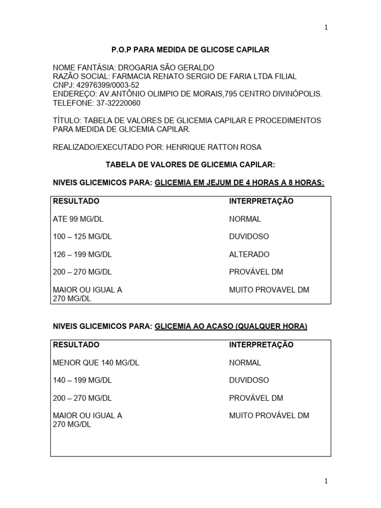 Pop e Tabela de Valores de Glicemia Capilar | PDF | Diabetes | Sistema ...