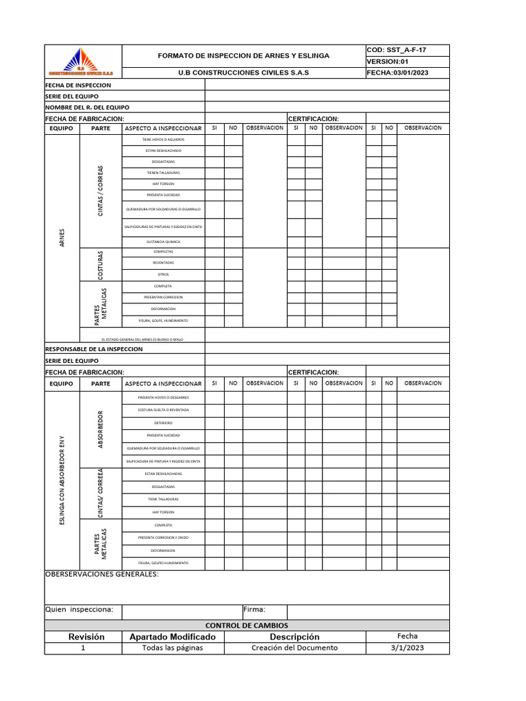 SST - A-F-17 Formato de Inspeccion de Arnes y Eslinga | Descargar gratis PDF | Materiales ...
