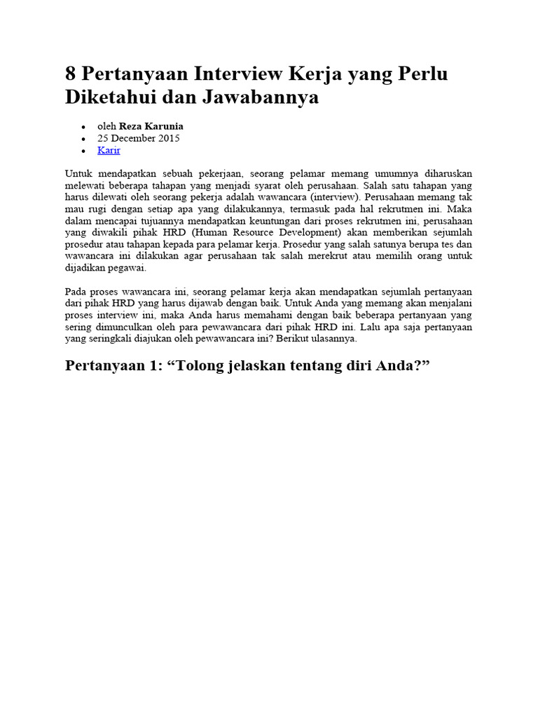 8 Pertanyaan Interview Kerja Yang Perlu Diketahui Dan Jawabannya | PDF