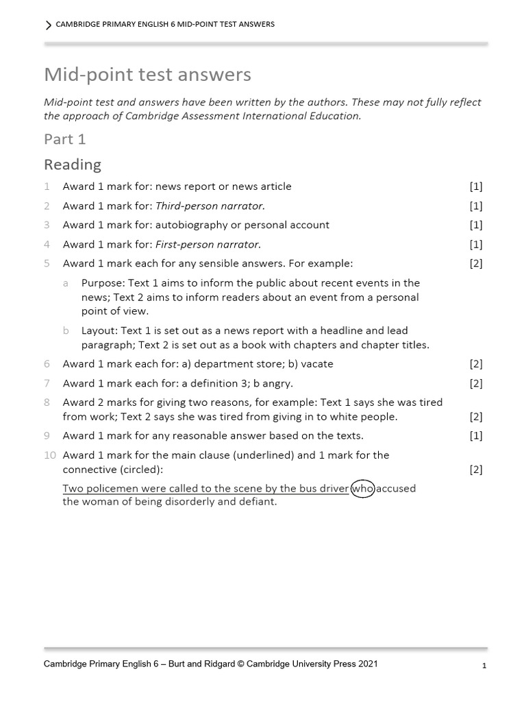 Cambridge Primary English 6 Test Answers | PDF | Narration | Linguistics