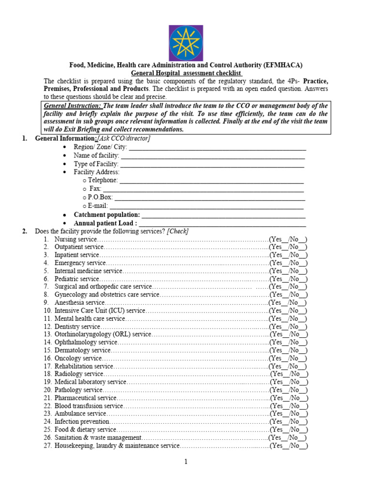 General Hospital Assessment Checklist | PDF | Hospital | Nursing