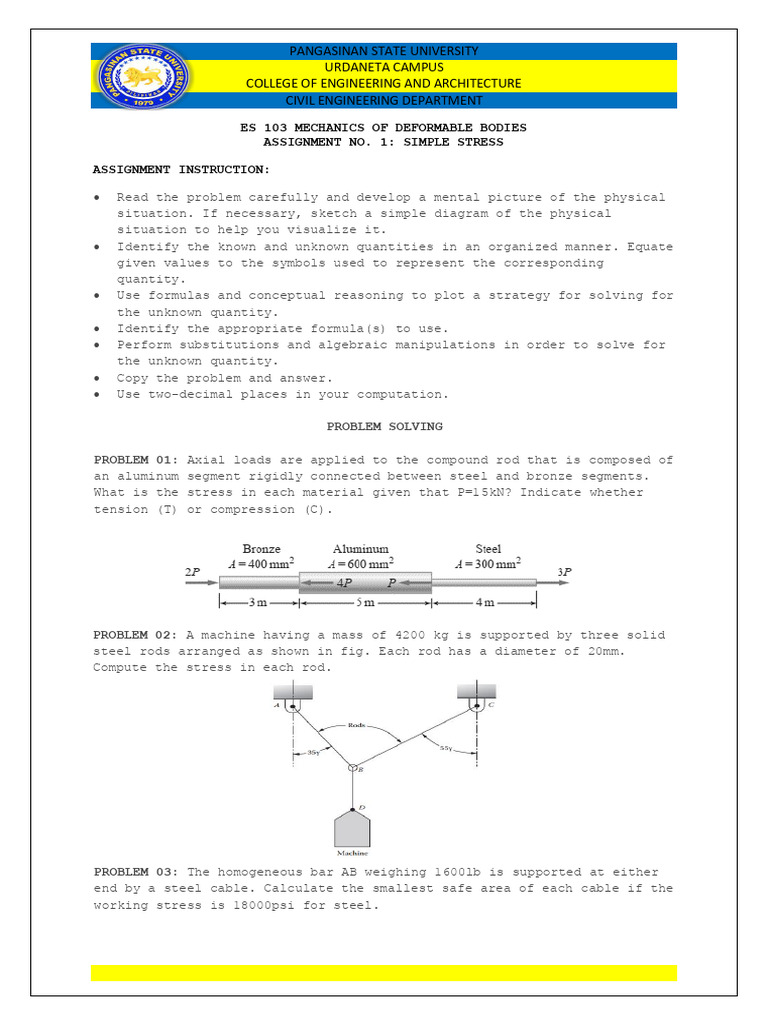Assignment No. 1 - Simple Stress | PDF | Stress (Mechanics) | Truss