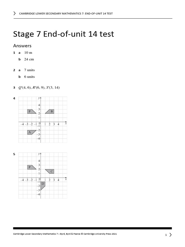 End of Unit 14 Test Answers - Year 7 | PDF