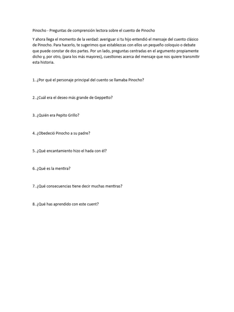 Pinocho - Preguntas de Comprensión Lectora Sobre El Cuento de Pinocho | PDF