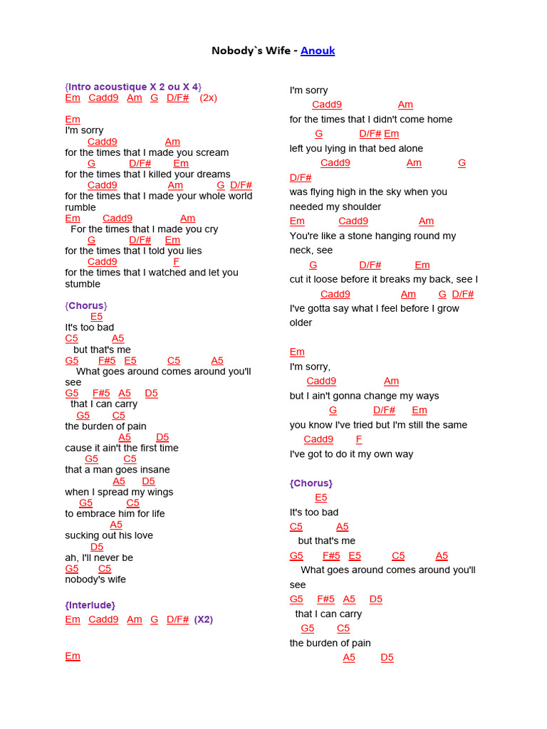 ANOUK - Nobody's Wife With Chords | PDF | Chess | Chess Theory