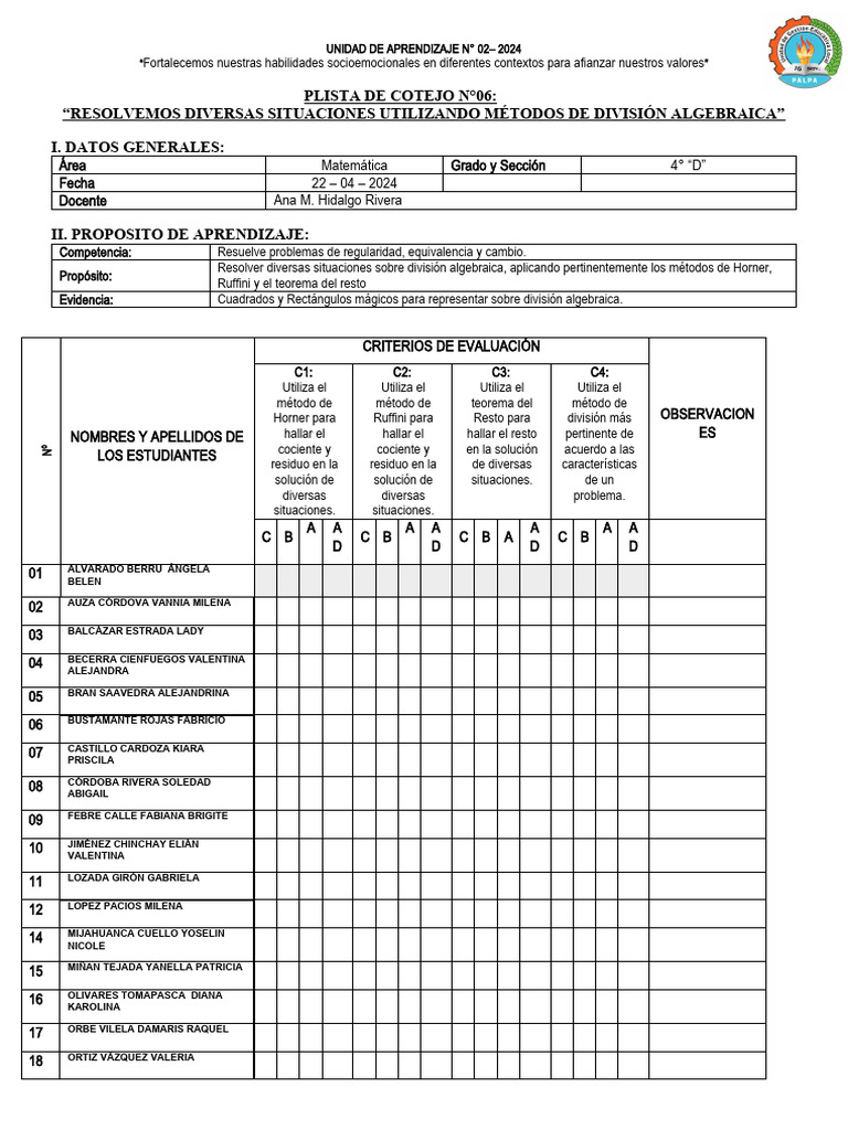 Lista de Cotejo 6-4to-D | PDF | Matemáticas