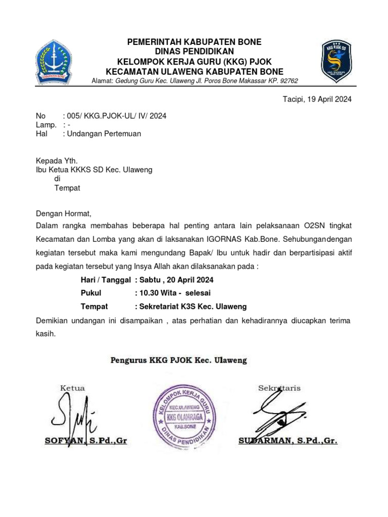 Undangan KKG PJOK 20 APR K3S | PDF