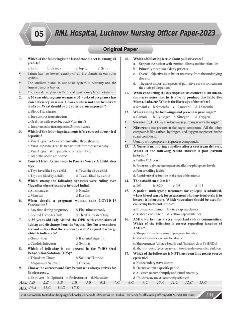 008) RML Staff Nurse Exam 2023jaat | PDF | Cardiopulmonary Resuscitation | Planets