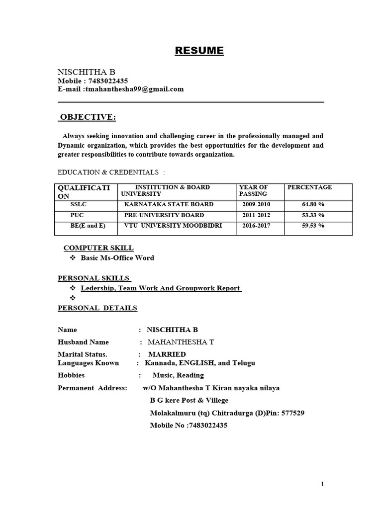 Nischitha Bio Data Pdf