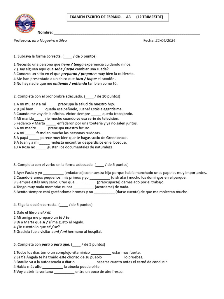 Examen de Español A3: Gramática y Vocabulario | PDF