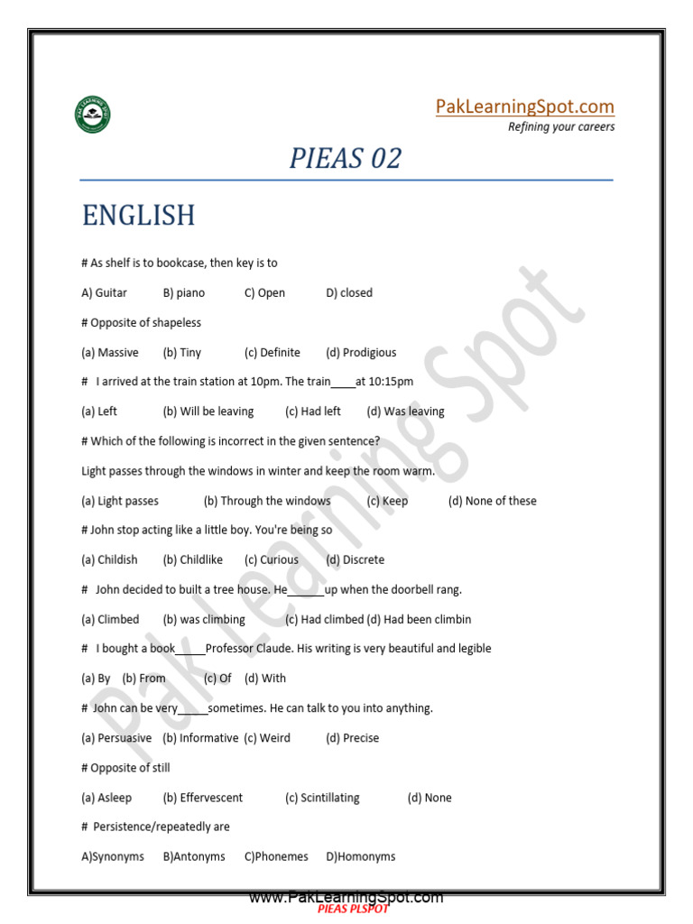 PIEAS 02 Past Paper PakLearningSpot | PDF | Chemical Reactions | Force