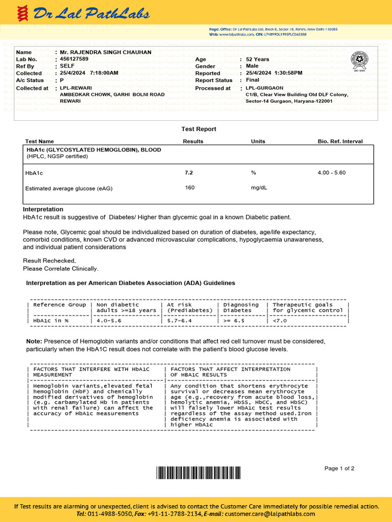 HbA1c Test Report for Diabetes Evaluation | PDF | Glycated Hemoglobin ...
