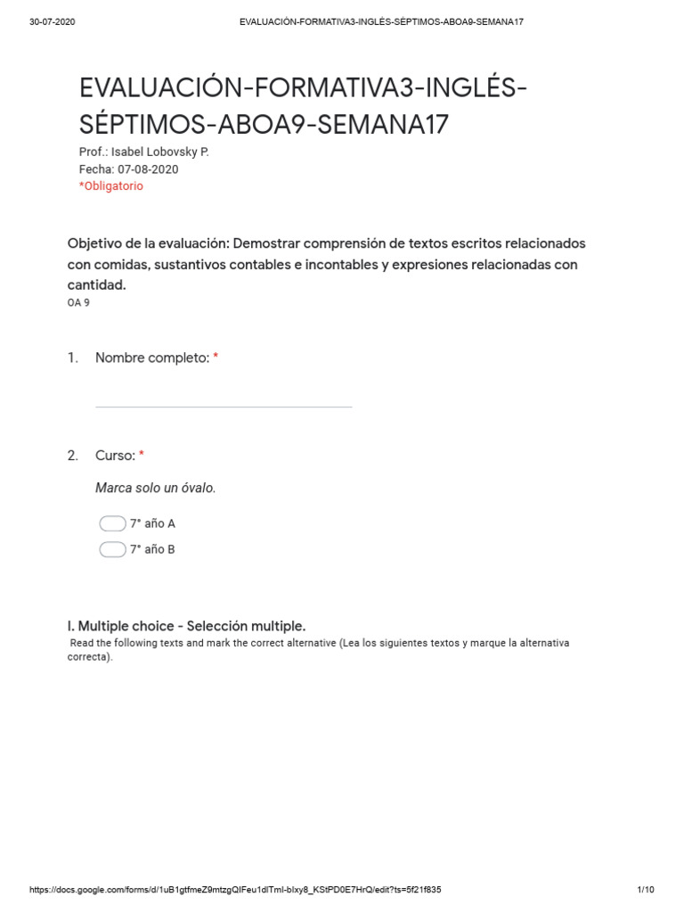 Evaluación Formativa3 Inglés Séptimos Ab Oa9 Semana17 Formularios de ...