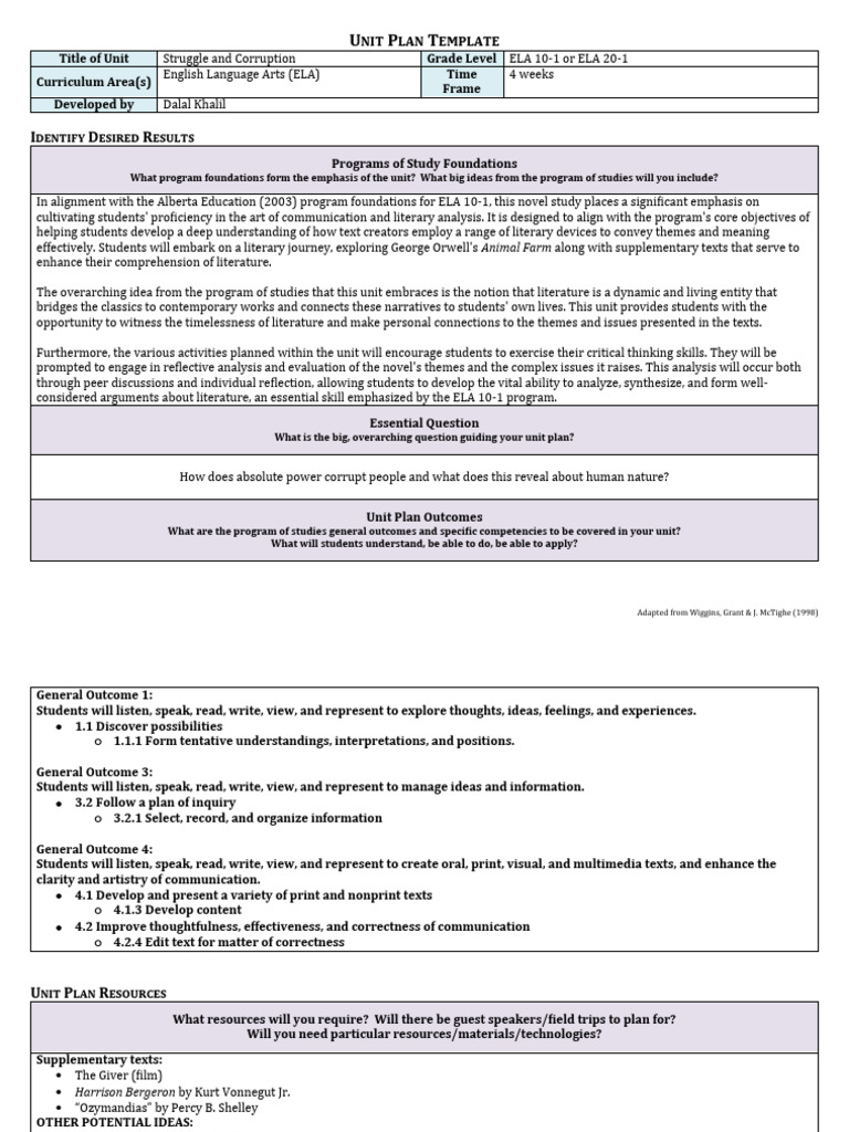 animal farm unit plan ela 10 | PDF | Educational Assessment | Thought