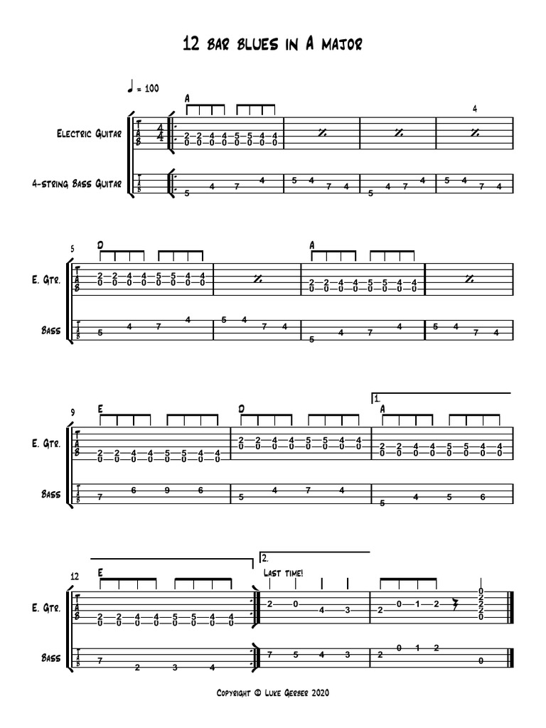 12 Bar Blues in A Major - Full Score | PDF | Popular Music | Guitar ...
