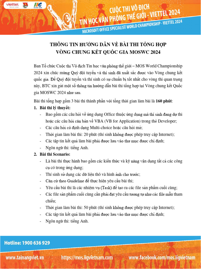 THÔNG TIN VỀ BÀI THI TỔNG HỢP MOSWC 2024 | PDF