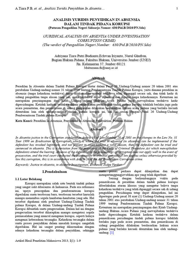 ANALISIS YURIDIS PENYIDIKAN IN ABSENSIA DALAM TINDAK PIDANA KORUPSI (Putusan Pengadilan Negeri ...