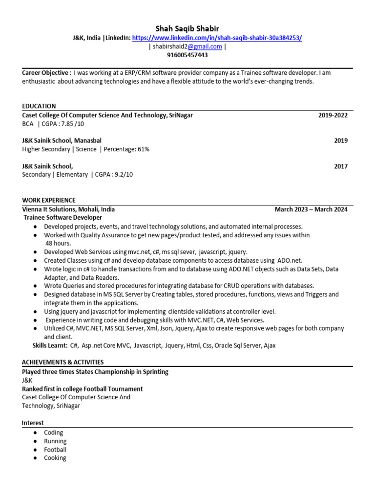Trainee Software Developer Profile | PDF | Microsoft Sql Server | J Query