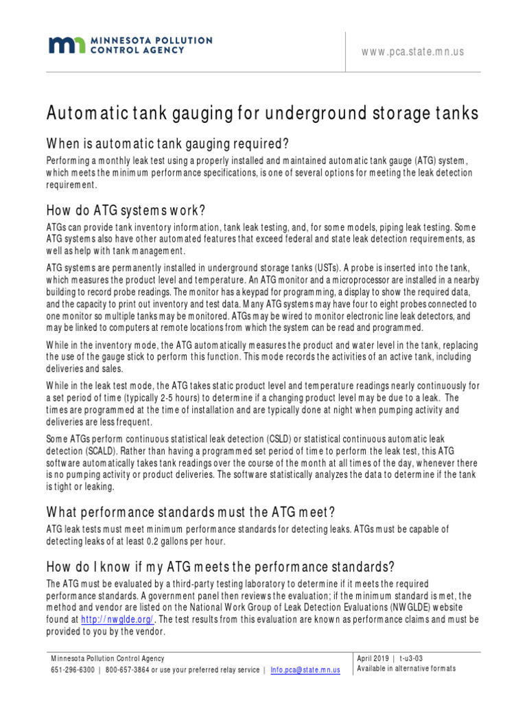 Automatic Tank Gauging For Underground Storage Tanks | PDF | Leak