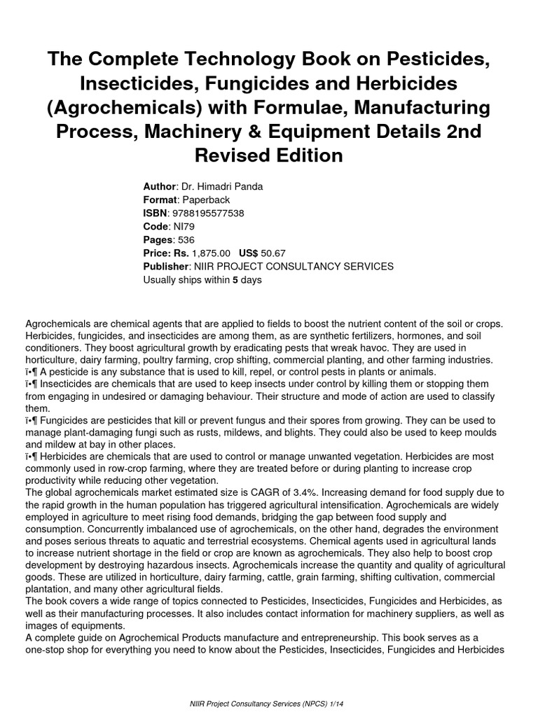 Niir Complete Technology Book On Pesticides Insecticides Fungicides Herbicides Agrochemicals ...