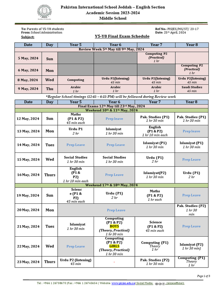 Y5 - Y8 Final Exam Schedule 2023-2024 | PDF
