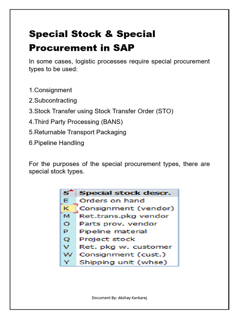 Special Stock & Procurement Types in SAP | PDF | Goods | Receipt