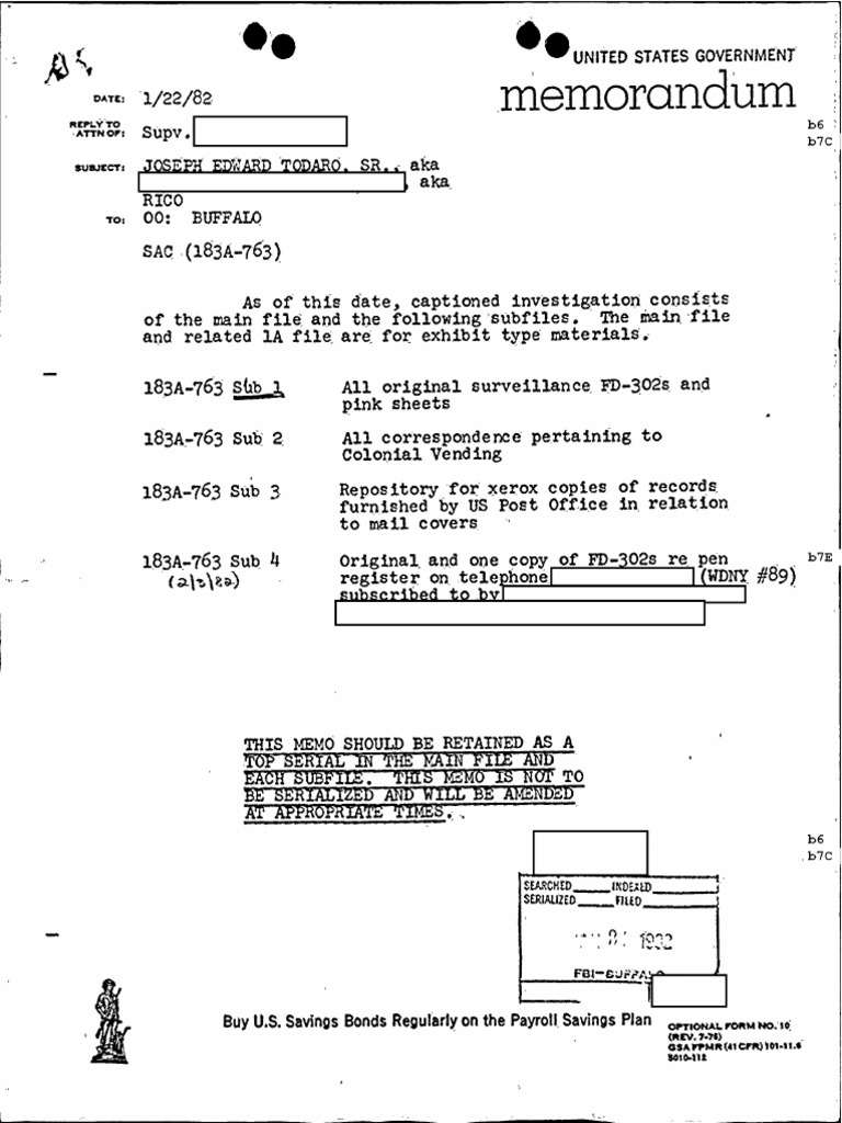 Joseph "Lead Pipe Joe" Todaro Sr. Former Buffalo Mob Boss FBI Documents ...