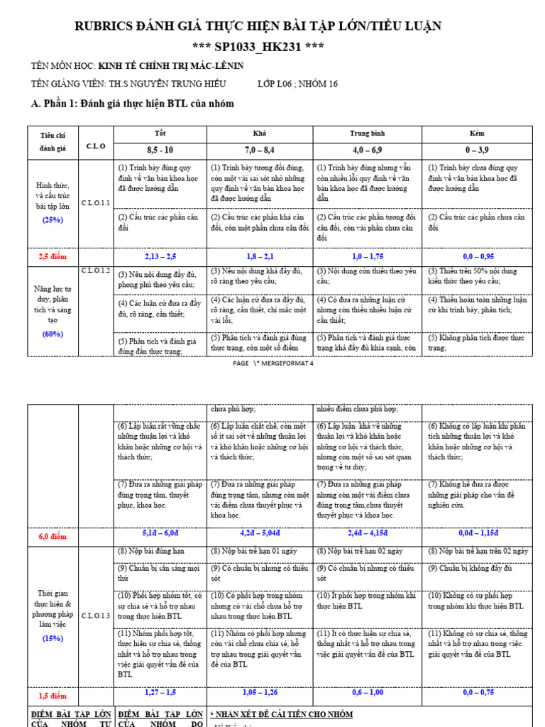 HK231 - Rubrics Đánh Giá BTL | PDF