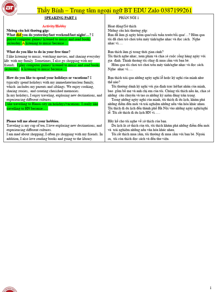 LESSON 5 SPEAKING PART 1 K47 BẢN DỊCH - Google Tài liệu | PDF