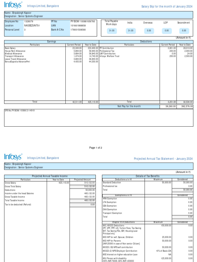 January 2024 Salary Slip - Infosys | PDF | Tax Deduction | Taxes
