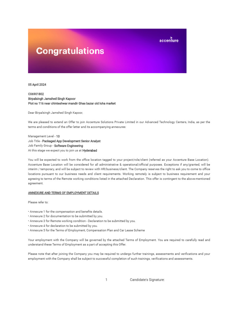 Accenture Job Offer: Senior Analyst Role | PDF | Insurance | Employment