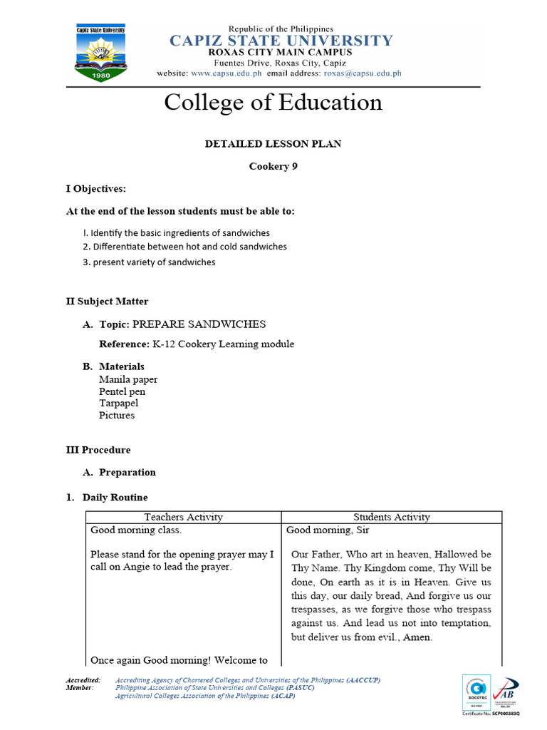 Lesson Plan in Cookery 9 | PDF | Sandwich | Breads