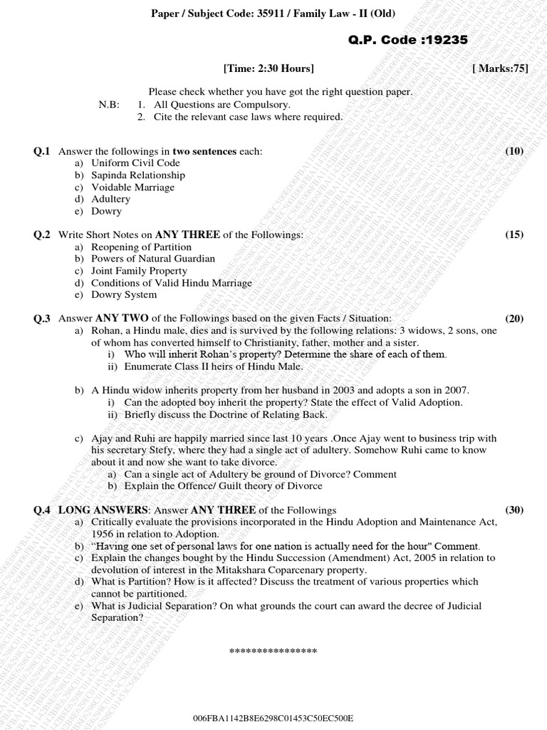 Q.P. Code:19235 | Download Free PDF | Marriage, Unions And Partnerships ...