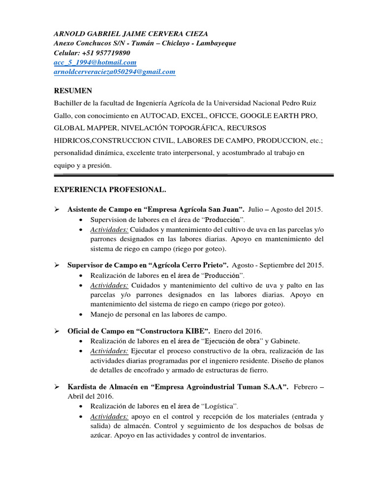 CV Bachiller Arnold Gabriel Jaime Cervera Cieza 2023 | PDF | Riego | Agricultura