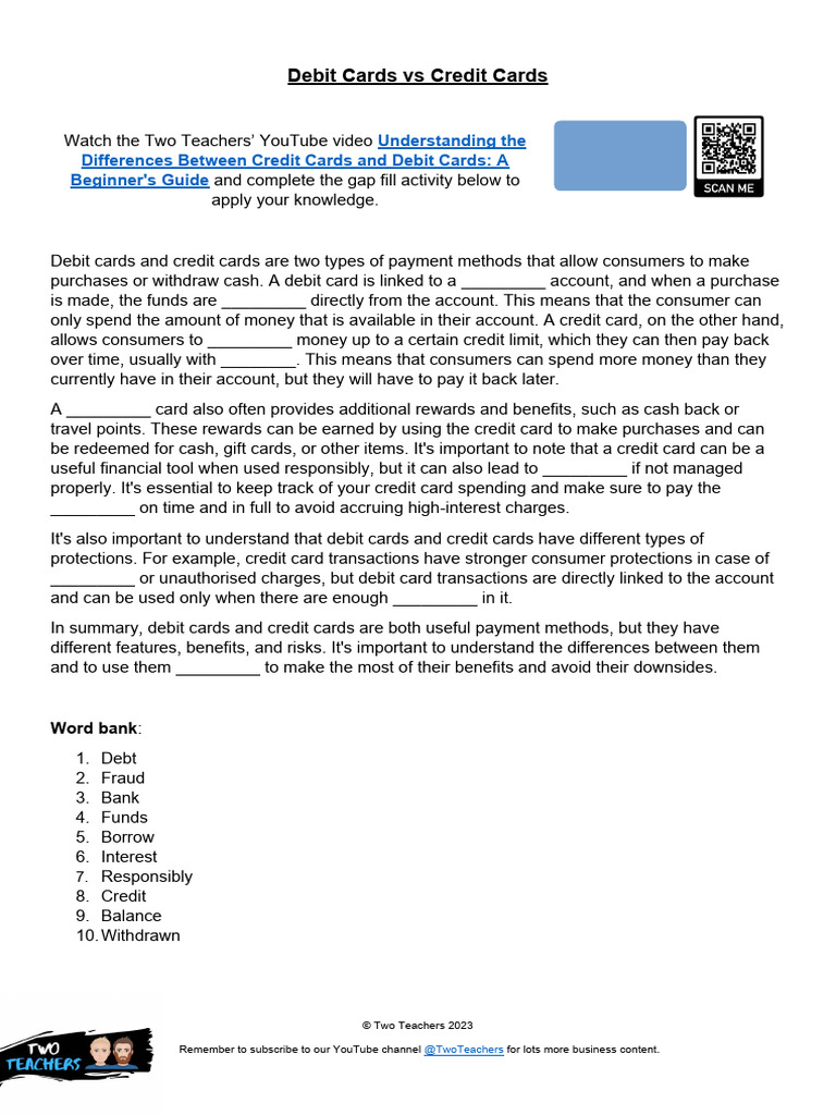 Debit Cards Vs Credit Cards - Activity Worksheet | PDF