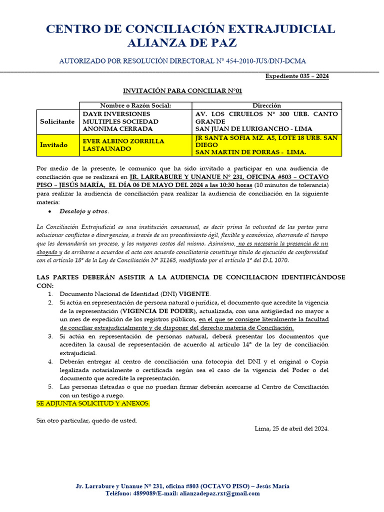 Invitacion 1 Exp 35 2024 Pdf Conflicto Proceso Resolución De