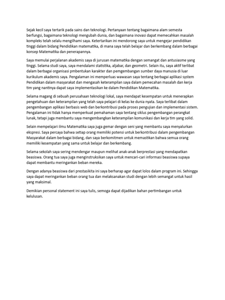 Personal Statement Beasiswa Sains dan Teknologi | PDF