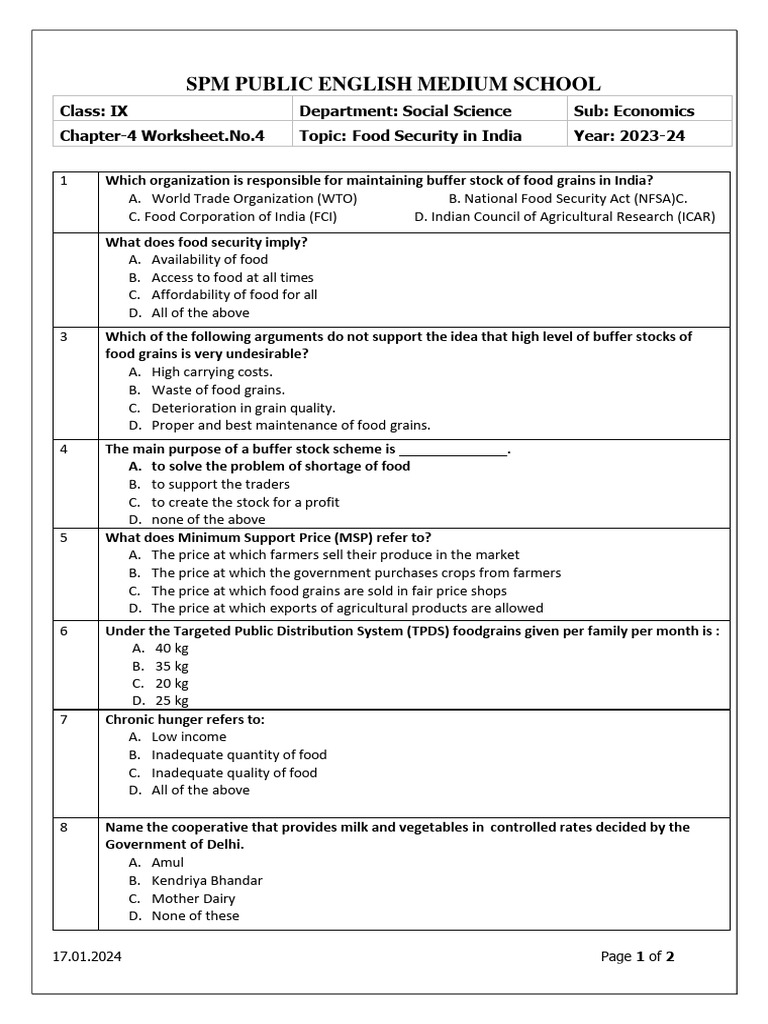 Worksheet Class IX Food Security in India.2023-24 | Download Free PDF ...