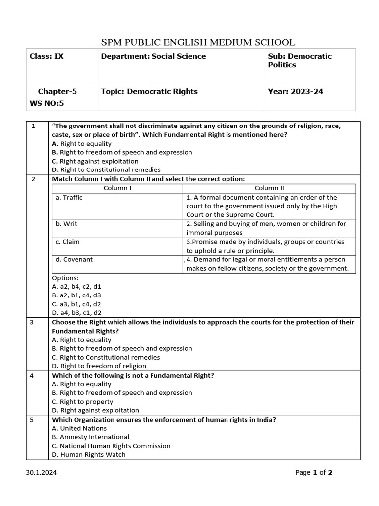 Worksheet No.5.Class IX. Democratic Rights 2023-24 | PDF | Human Rights ...