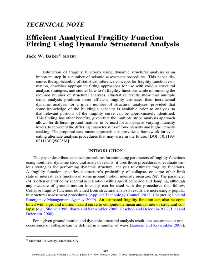 3.0 Efficient Analytical Fragility Function Fitting Using Dynamic Structural Analysis Baker2015 ...