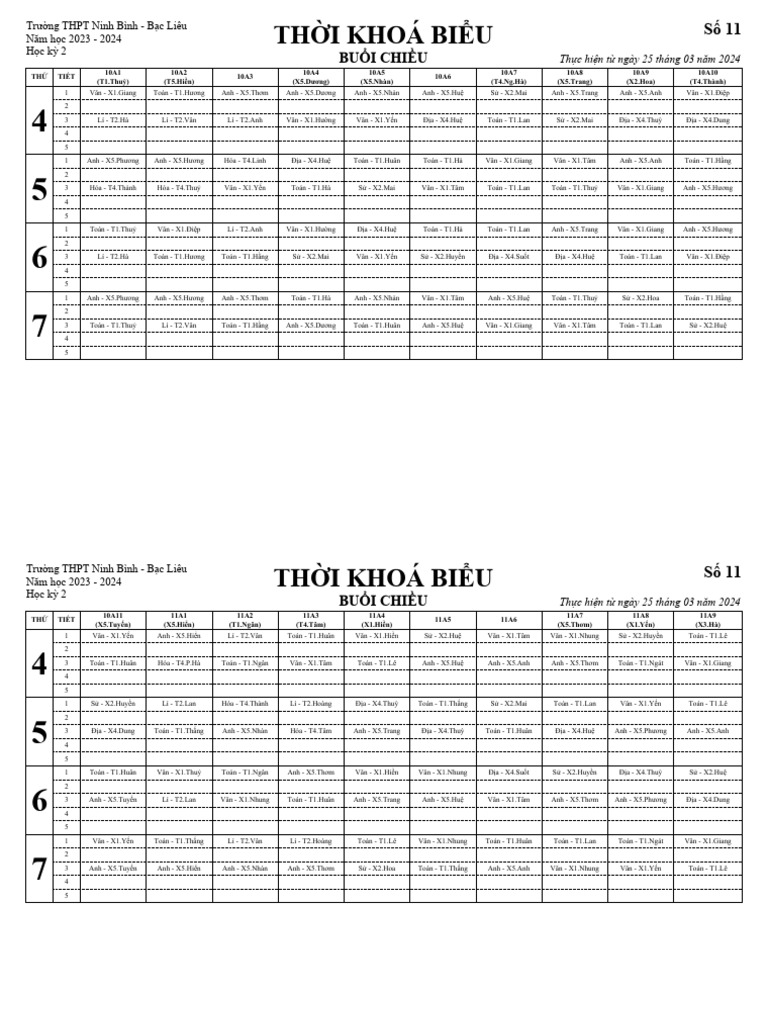 TKB chiều số 11 - 25.3.24 - HS | PDF